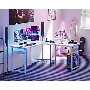 Casaottima L Shaped Gaming Desk, Corner Desk Gaming Table with Monitor Stand for Home Office, Computer Desk for Small Space, White