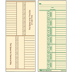 TOPS Time Cards, Weekly, 2-Sided, Named Days, 3-3/8" x 8-1/4", Manila, Green/Red Print, 500-Count (1260)