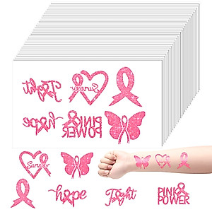 180 Pcs Breast Cancer Tattoo Sticker Temporary Pink Ribbon Tattoos Breast Cancer Awareness Glitter Tattoos Pink Ribbon Stickers Breast Cancer Body Tattoos for Women Girls Face Body Accessories