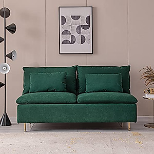 JULYFOX Emerald Green Loveseat Sofa Armless, 60 in Overstuffed Mid Century Modern Fabric Couch Pillow Back 700 lbs Heavy Duty for Small Spaces