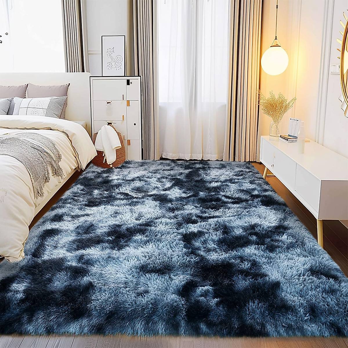 Isdook Anti-Skid Rectangular Fuzzy Rug Fluffy Rug for Living Room Non-Slip Shag Fuzzy Rug for Nursery Tie-Dyed Blue Grey Rectangle 4x6 Feet