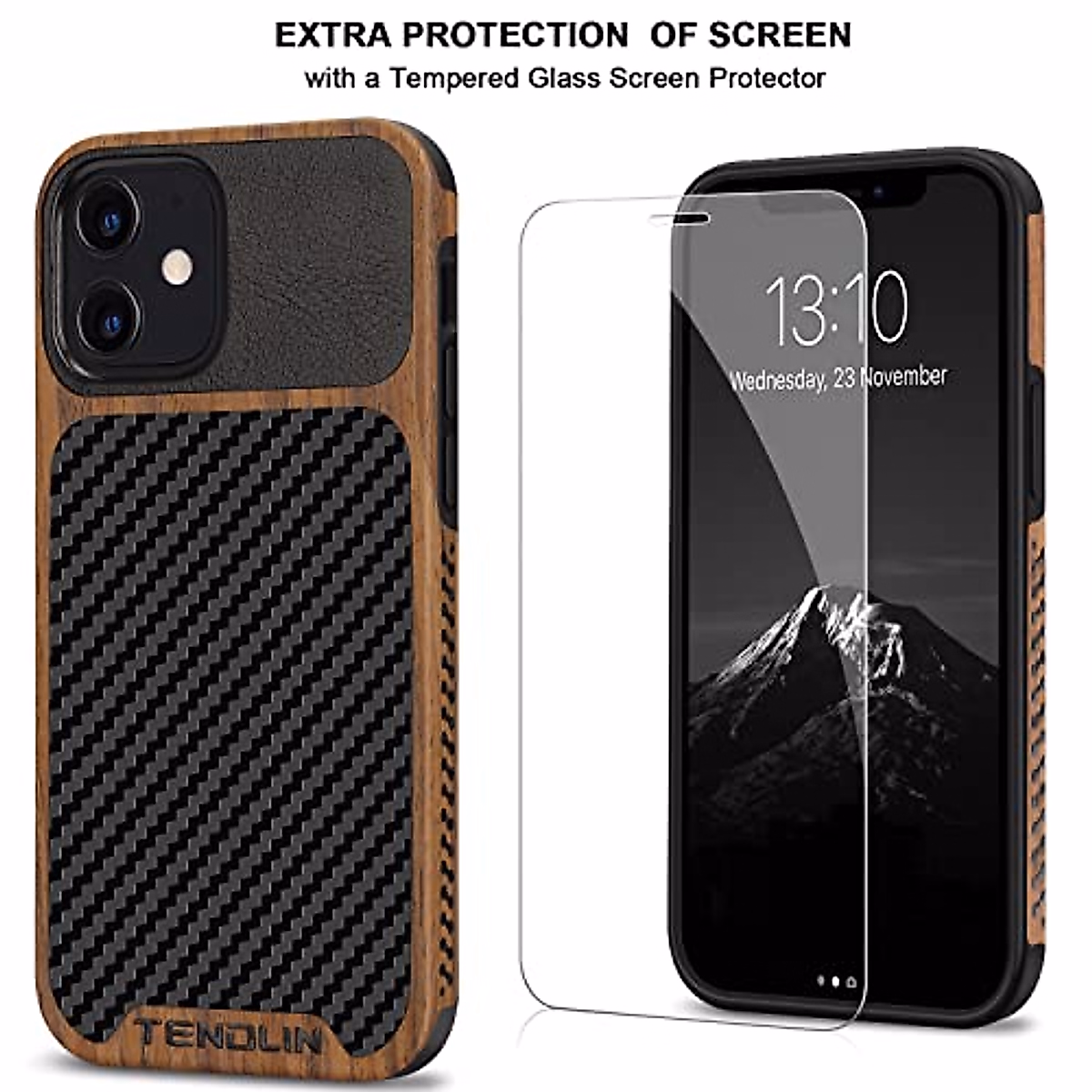 TENDLIN Compatible with iPhone 12 Mini Case Wood Grain with Carbon Fiber Texture Design Leather Hybrid Case