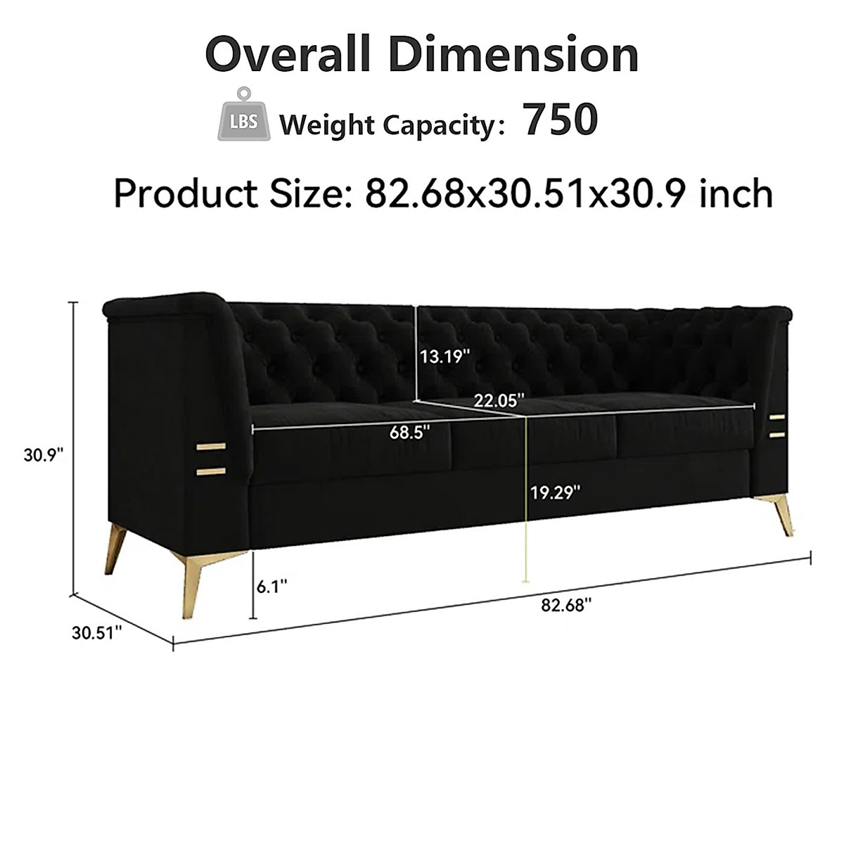 3 Seat Velvet Sofa Couch Modern Chesterfield Button Tufted Couches Comfy Contemporary Black Velvet Upholstered Sofas 83 Inch 3 Person Fashion with Metal Legs Couches for Living Room Office Furniture