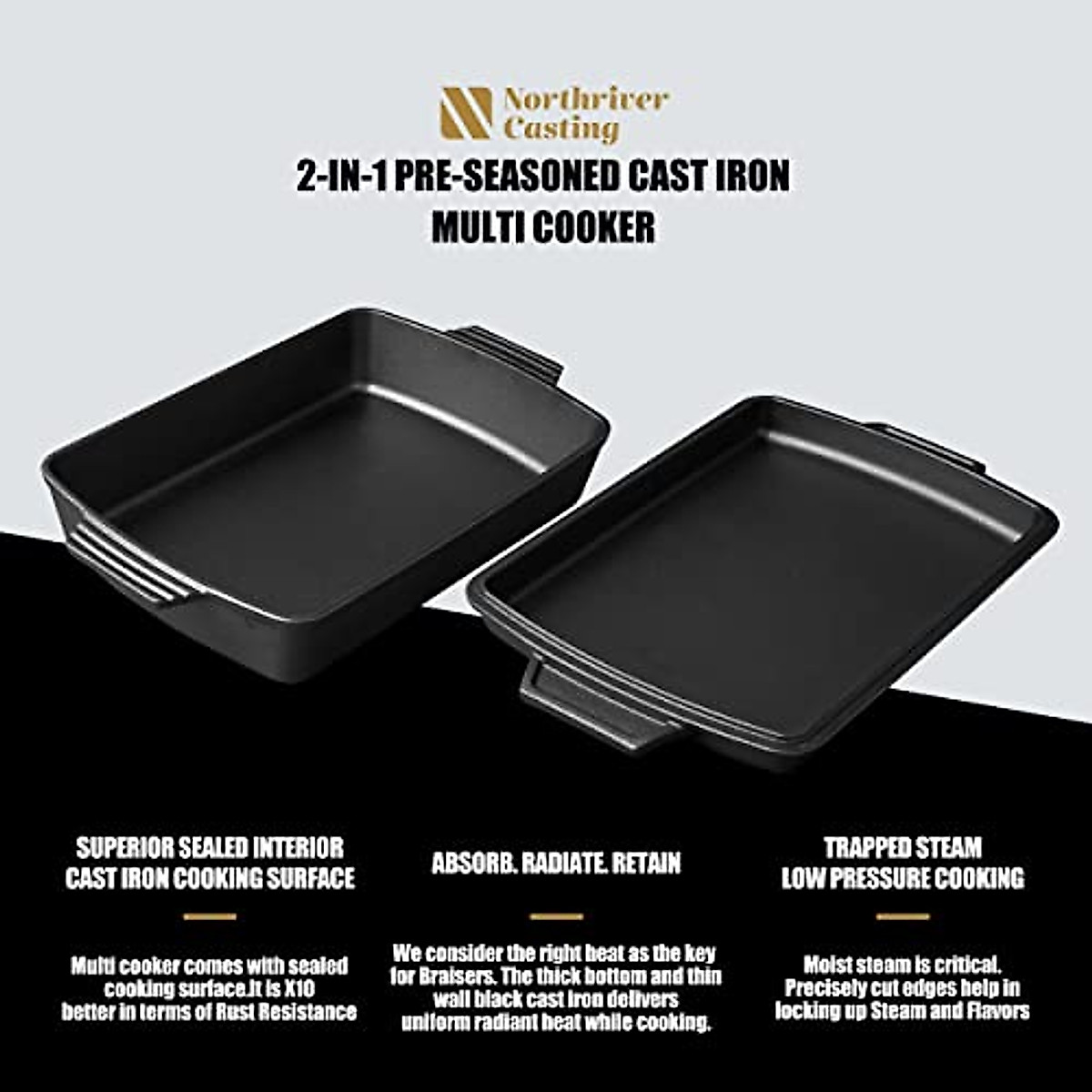 2-In-1 Pre Seasoned Cast Iron Dutch Oven With Skillet Lid,Casserole Dish,Rectangular Baking Pan,Griddle Pot Set, 6QT, 9"x13"
