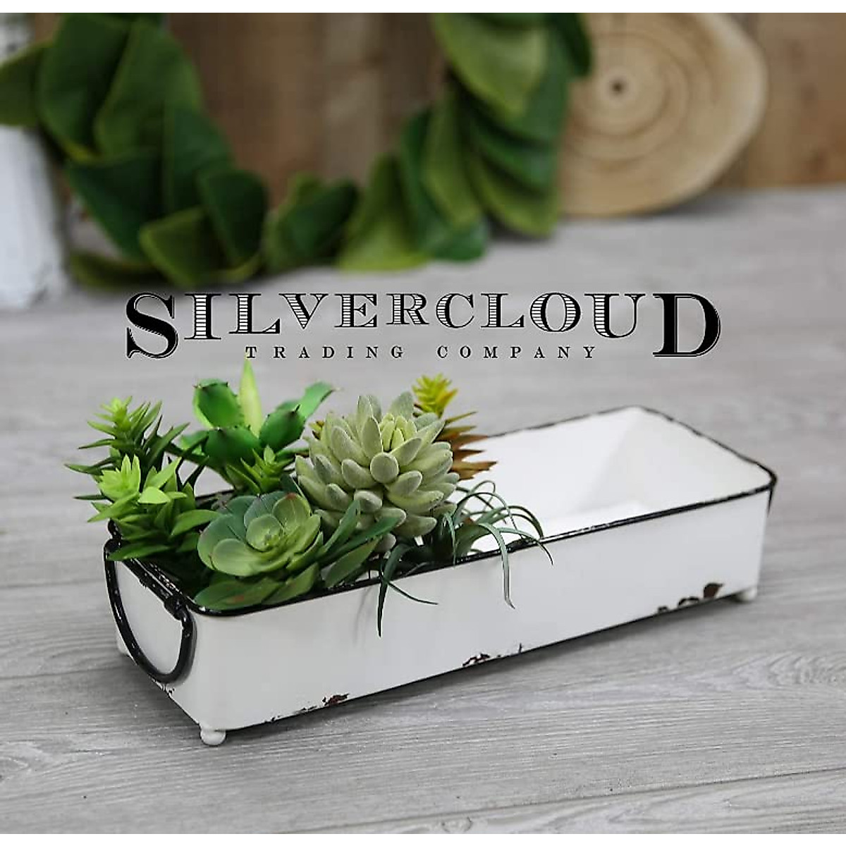 LARGE Rustic White Rectangle Metal Bin - 16.5'' Long - Great for Display or Storage - Silvercloud Trading Co., White with Black