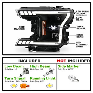 ACANII - For [Halogen Model] 2018-2020 Ford F150 Black Smoked Switchback Signal LED Tube Projector Headlights Headlamps, Cyber Black