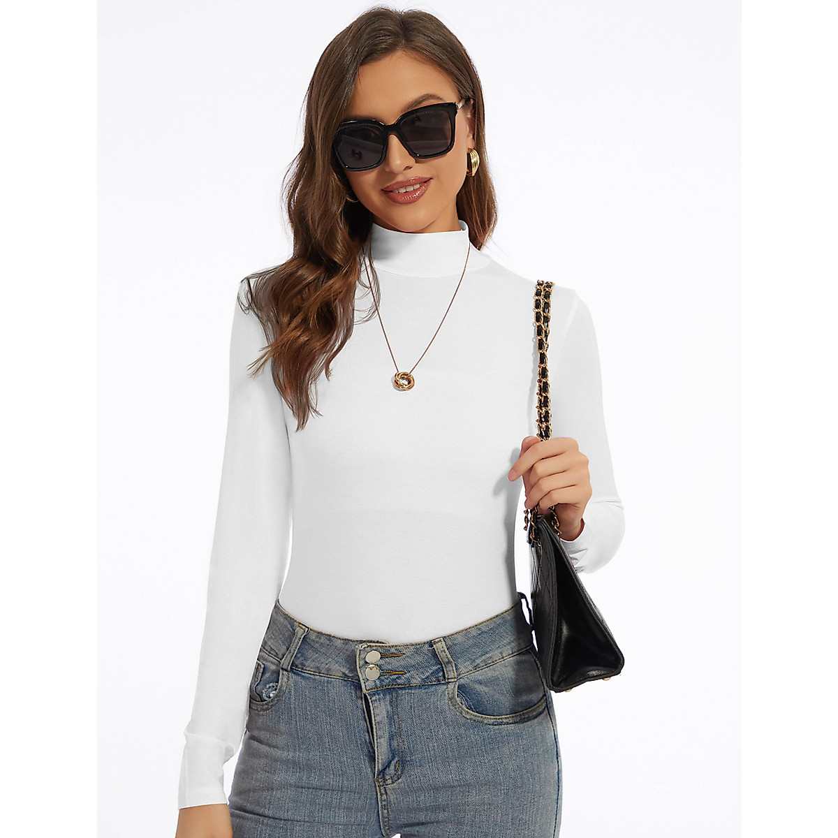 Long Sleeve Turtle Necks for Women Going Out Slim Fit Basic Casual Tee Tops Thermal Underscrub Clothing(White, Large)