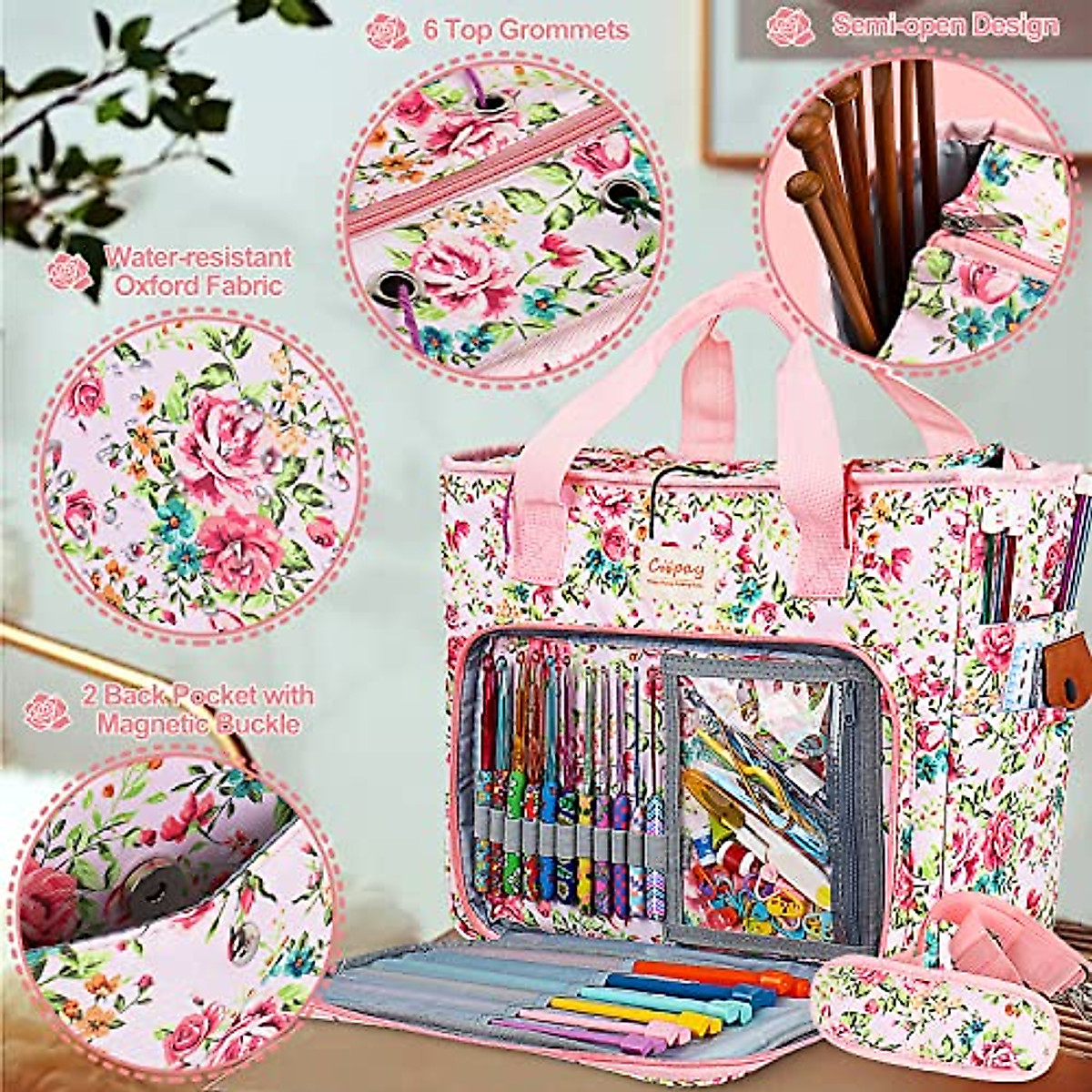 Coopay Large Crochet Bag Knitting Bags and Totes Organizer, Traveling Crochet Bags Yarn Bag & 55 PCS Crochet Hook Set, Crochet Kit Beginners Crochet Hook Kit with Case