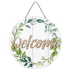 Rustic Wooden Hanging Decor Welcome Sign for Front Door or Covered Outdoor Porch, Farmhouse Home Outdoor Indoor Decor, White (12*12 inch)