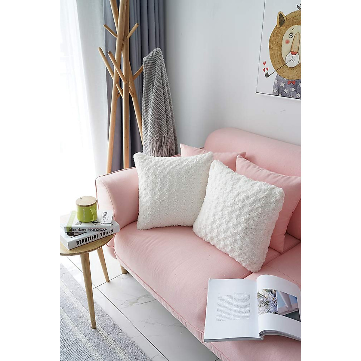 Valea Home Faux Fur Throw Pillow Covers for Couch Decorative Plush Swirl Luxury Super Soft Throw Pillow Case Set 18 x 18, Pack of 2, Ivory White