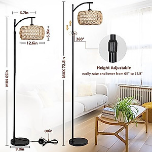Arc Floor Lamp with Remote Control, Dimmable LED Floor Lamp with 3 Color Temperature, Black Standing Lamp with Rattan & Fabric Double Drum Shade, Boho Farmhouse Tall Pole Lamp for Living Room Bedroom