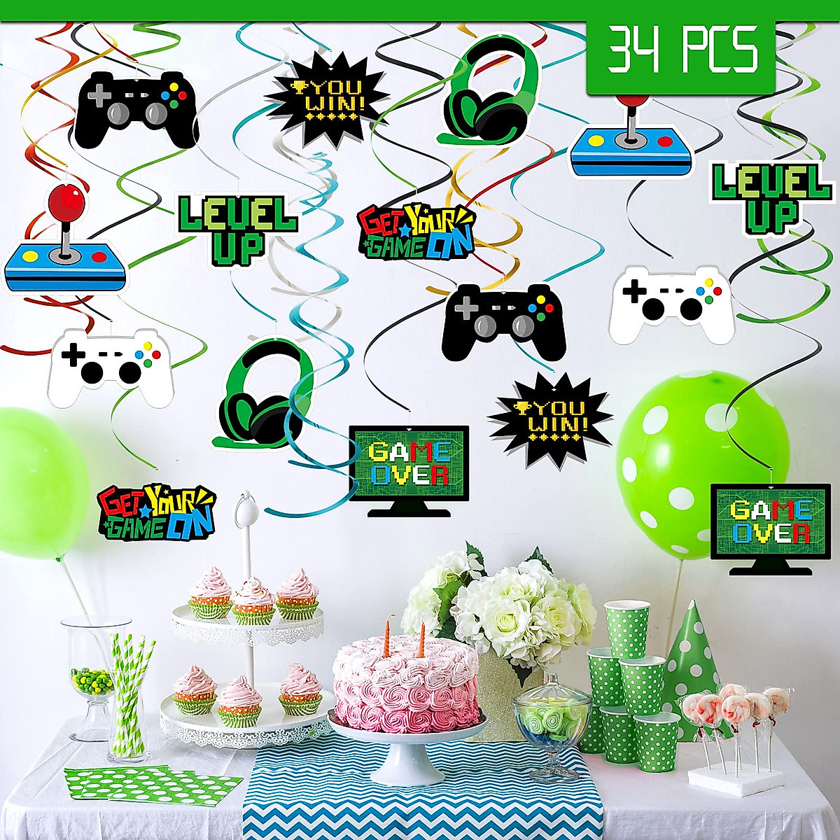 MIAHART 34 Pieces Video Game Party Hanging Swirls Decorations Foil Ceiling Streamers for Video Game Themed Birthday Party Decorations