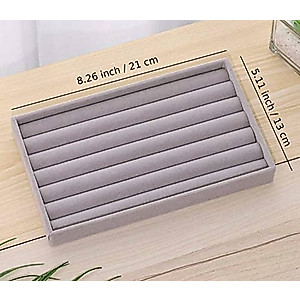 7 Slots Luxury Ring Display Case Jewelry Tray Organizer 8.26 x 5.11 inch / 21x13cm Stackable Storage Case Box Coated with Grey Velvet Rings Holder Protection