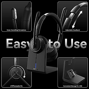 LEVN Wireless Headset, Bluetooth Headset with Noise Canceling Microphone & Charging Base, 65 Hrs Working Time 2.4G Headset with Microphone for PC/Laptop/Computer/Remote Work/Call Center/Zoom