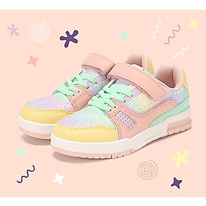 LUCKY STEP Children/Kids/Boys/Girl Comfort Casual School Low Top Sneaker Strap Athletic Tennis Running Shoes (Pink/Rainbow,Little Kids 2)