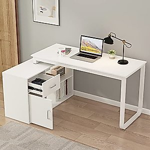 Homsee Home Office Computer Desk Corner Desk with 1 Drawer and 2 Shelves, 55 Inch Large L-Shaped Study Writing Table with Storage Cabinet, White (55.1" L x 41.3" W x 29.5" H)