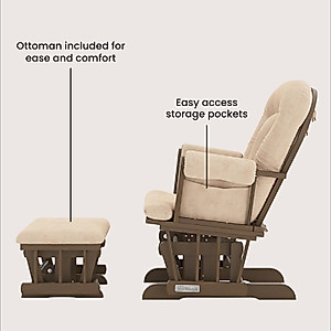 Child Craft Tranquil Glider Rocker and Ottoman Set, Extra Thick Padded Cushion with Convenient Storage Pockets, Solid Wood Base & Frame (Cocoa Bean Brown Frame with Tan Microfiber Foam Cushion)