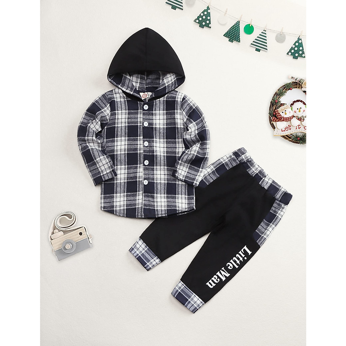 Axumity Toddler Boy Clothes Hoodie Sweatsuit Outfits Kids Flannel Plaid Shirt Top Colorblock Pants Set for Fall Winter Spring(3-4t)