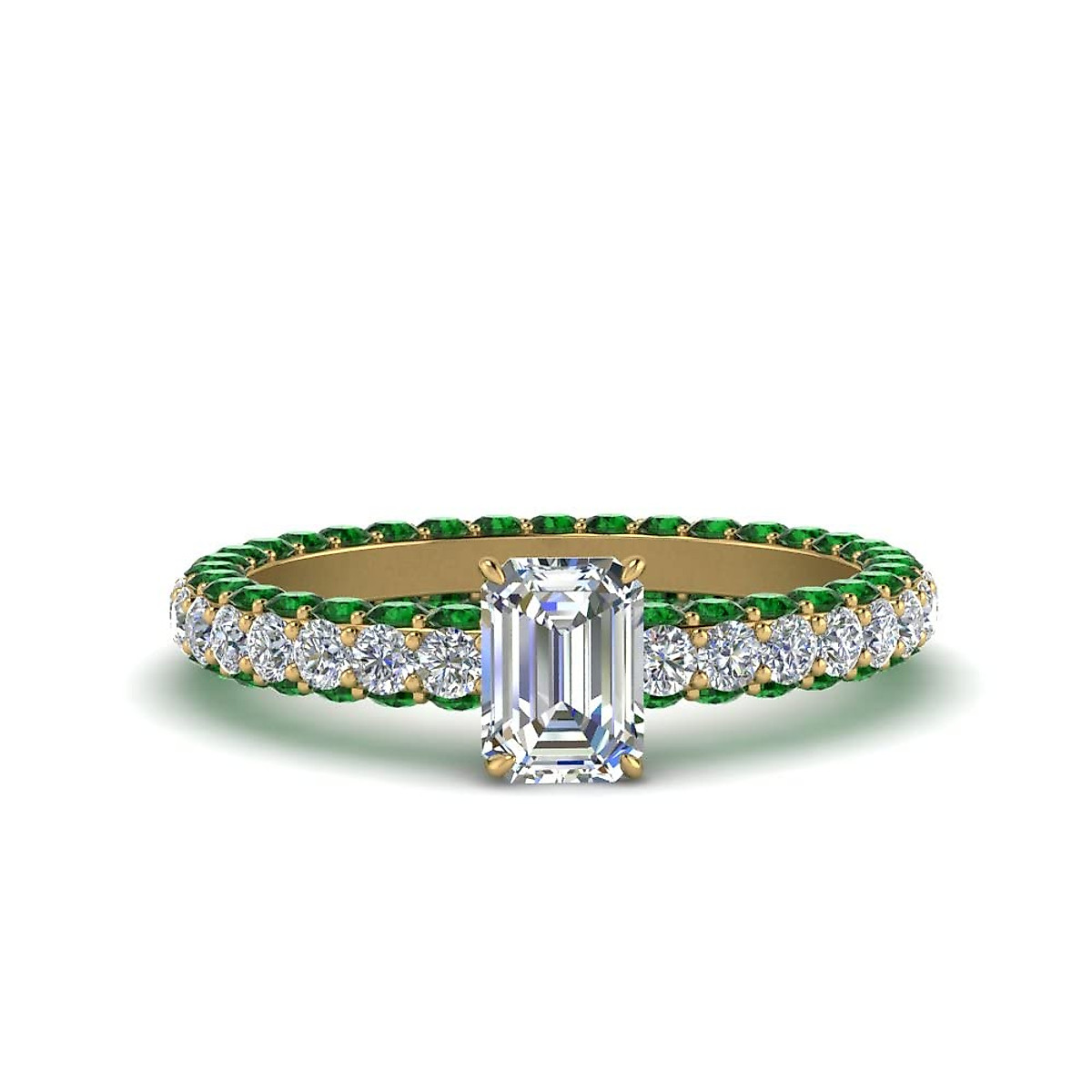 55Carat Eternity Yellow Gold Plated Created Emerald Emerald Shape Green Color Side Stone Engagement Rings Prong Setting in Size 7 Party Wear Daily Wear Ornament