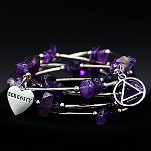 The Token Shop Amethyst AA Bracelet with Alcoholics Anonymous Circle Triangle Symbol and Serenity Heart Charm | Sobriety Gift for Women