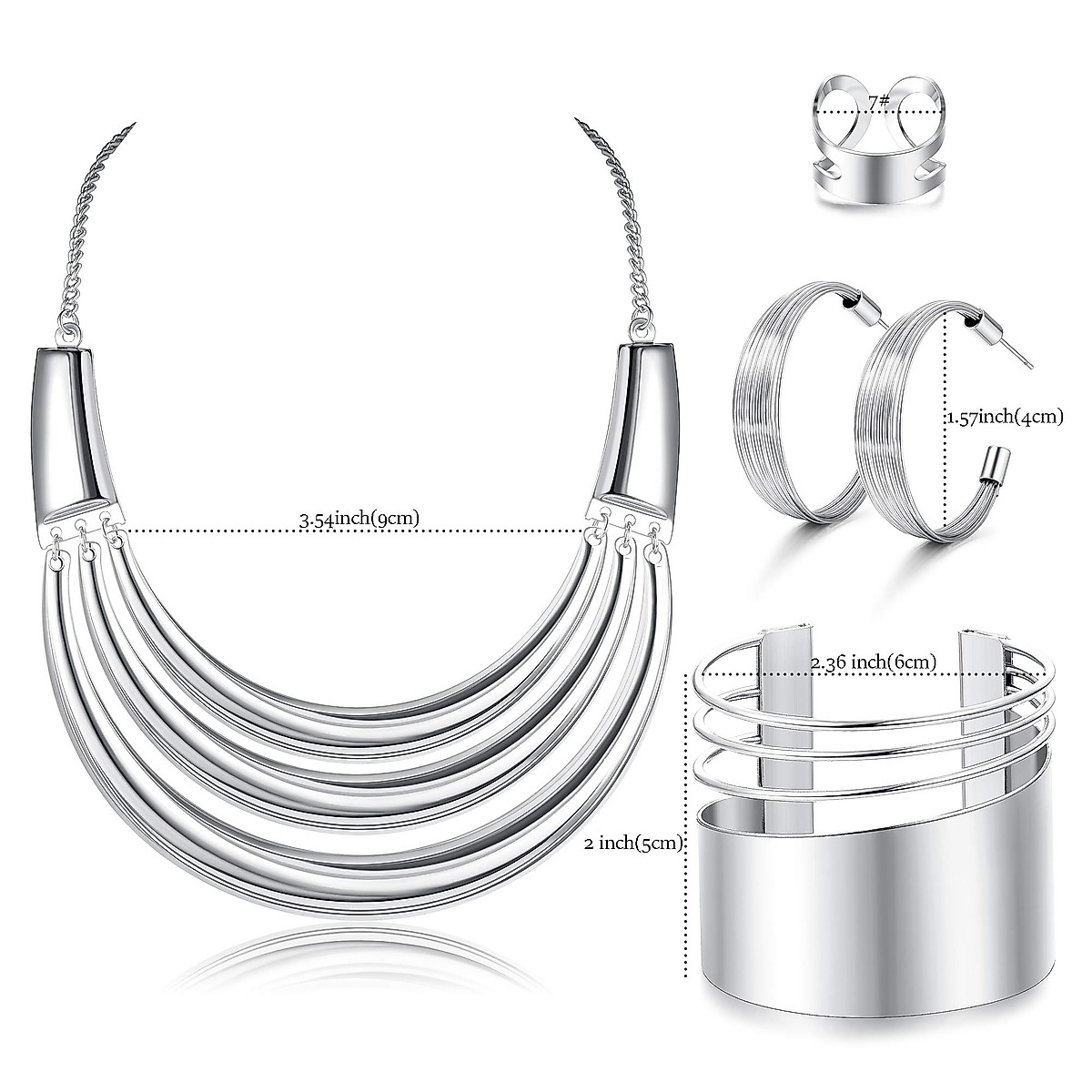 JOERICA Bib Choker Necklace Silver Jewelry Set Wide Cuff Bangle Bracelet Open Hoop Earrings Adjustable Ring Chunky Silver Statement Costume Jewelry Set for Women