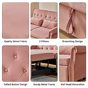 LEVNARY Velvet Small Convertible Sleeper Sofa, Pull-Out Loveseat Futon Sofa Bed, Upholstered Twin Couch Bed with Adjustable Backrest for Small Spaces Living Room (Pink)