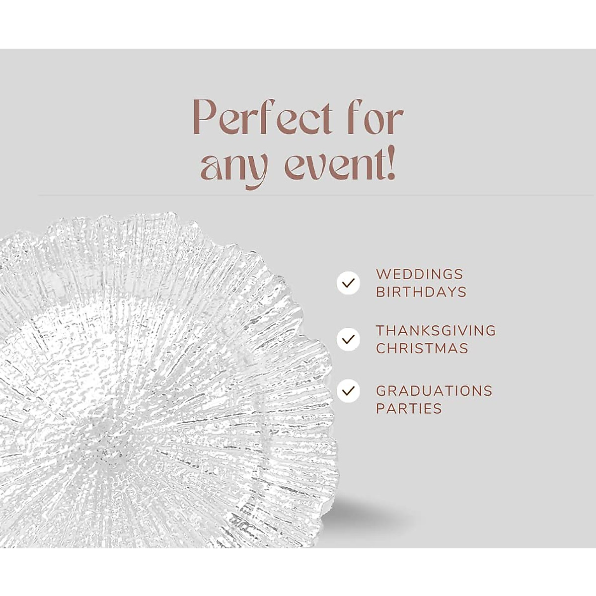 Ms Lovely Plastic Reef Charger Plates Glossy Finish - Set of 6 - Thick and Reusable - White