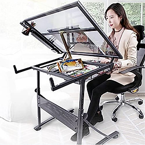 Adjustable Glass Drafting Table,Versatile Art Study Table,with Storage Drawers,Art Studio Design Sketching Painting Work Station