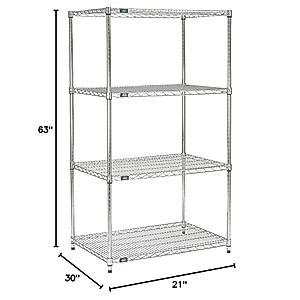 Nexel Adjustable Wire Shelving Unit, 4 Tier, Commercial Dry Storage Rack, 21" x 30" x 63", Chrome