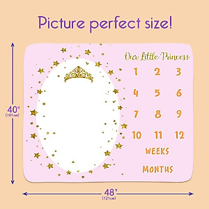 PHMOJEN Monthly Milestone Blanket for Baby Girl, 48"x40" Soft Flannel Pink Princess Memory Growth Blanket, Photography Backdrop Prop for Newborn Baby Shower, 1 to 12 Months Include Marks BTLSPH819