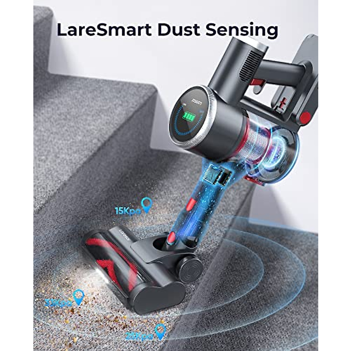 Laresar Cordless Vacuum Cleaner, 33Kpa/400W Stick Vacuum Cleaner, Handheld Vacuum, Stepless Speed Regulation & LED Screen, Headlights, Up to 55Mins, Suitable for Carpet, Pet Hair, Hardwood Floor