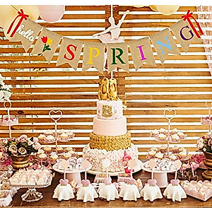 JOZON Hello Spring Burlap Banner Jute Spring Bunting Banner Garland Flower Spring Decorations for Indoor Outdoor Party Mantel Fireplace Wall Decor
