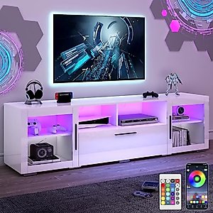 chartustriable 70 Inch Modern TV Stand with Music Sync LED Lights for 75 Inch TV, High Gloss Entertainment Center with Storage Cabinet, TV Media Console for Living Room Bedroom(White)