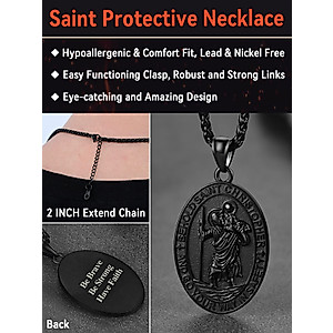 FaithHeart Black St. Christopher Necklace for Men Christian Amulet Jewelry with Stainless Steel Wheat Chain Oval Medal Pendant for Prayer