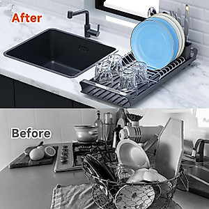 TOOCA BEAR Expandable Small Dish Drying Rack, Dish Racks for Kitchen Counter Dish Drainer with Removable Cutlery Holder, Dish Racks for Sink, Grey