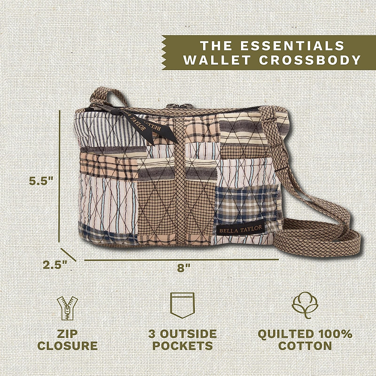 Bella Taylor Essentials Crossbody Purse with Built In Wallet, Quilted Cotton Ashmont Tan, Grey and Cream Patchwork