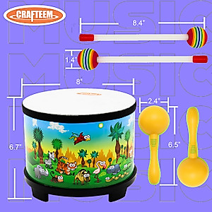 Crafteem Floor Tom Drum for Kids 8-inch Percussion Instrument Music Drum with 2 Mallets and Color Maracas for Baby Children Special Christmas Birthday Toy Gift