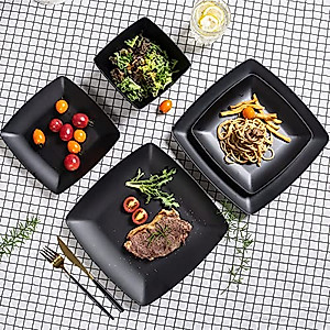 Melamine 12pcs Classic Square Dinnerware Set, Concise Plates and Bowls Set, Service for 4, Dishwasher Safe (Black)