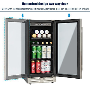 LUMISOL Mini Beverage Refrigerator and Cooler, 15" Cooler Under Counter Built-in or Freestanding, 120 Cans Capacity Wine Cabinet with Blue Interior Light Adjustable Shelves, for Home Bar office