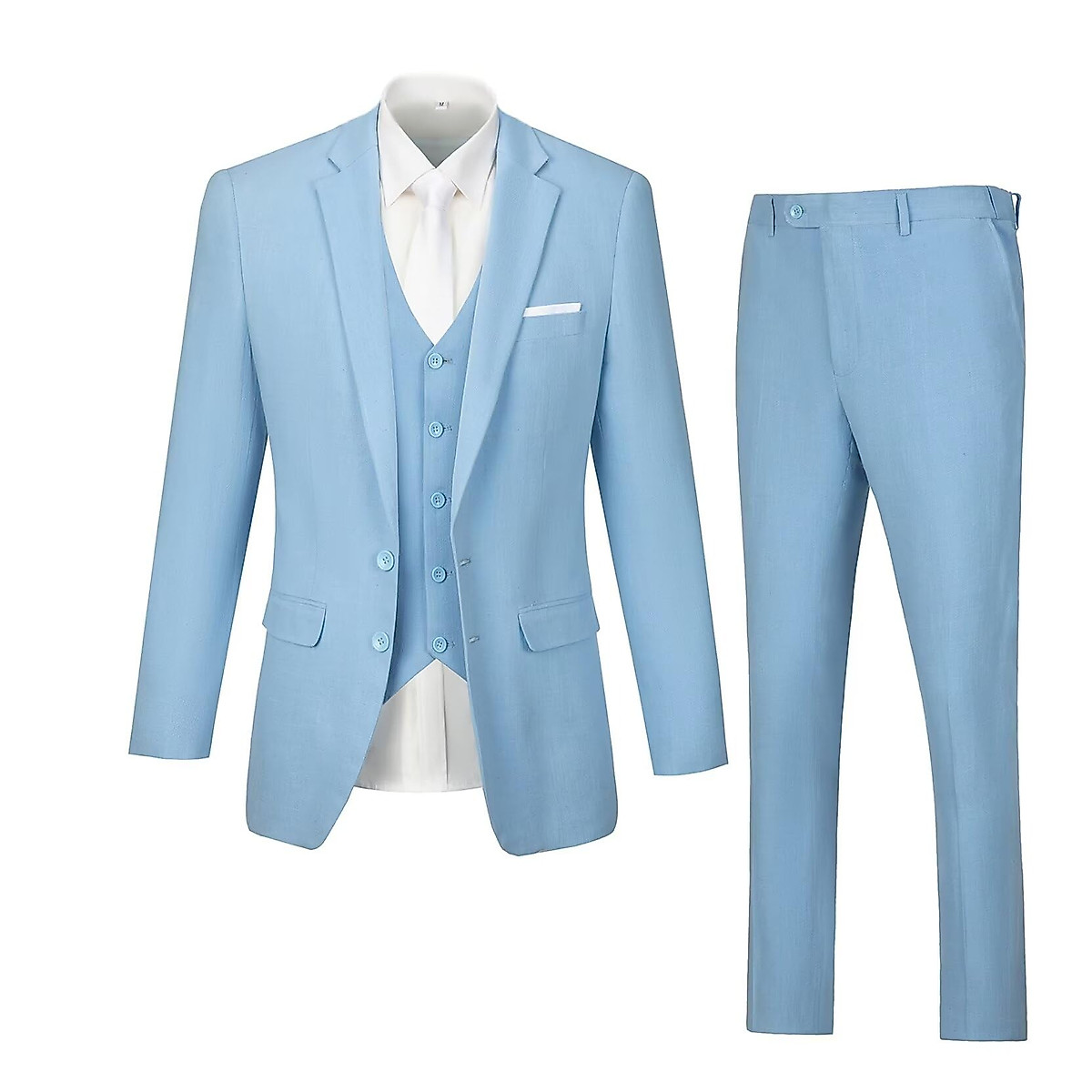 3 Piece Linen Suit for Men Slim Fit Summer Beach Lightweight Casual Suits Wedding Prom Tuxedos Blazer Vest&Pants Light Blue M