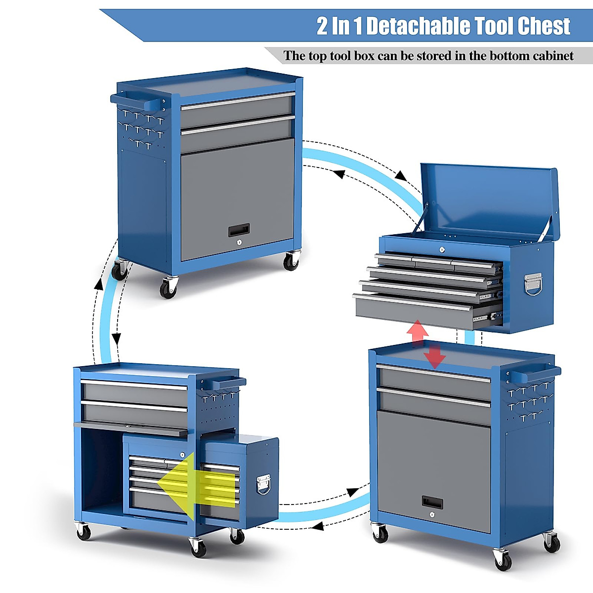 AIRAJ PRO 8-Drawer Rolling Tool Chest with Wheels,Removable Tool Box Organizer,Detachable Top Box & Locking System,High Capacity Tool Storage Cabinet for Workshop Mechanics Garage (Blue)
