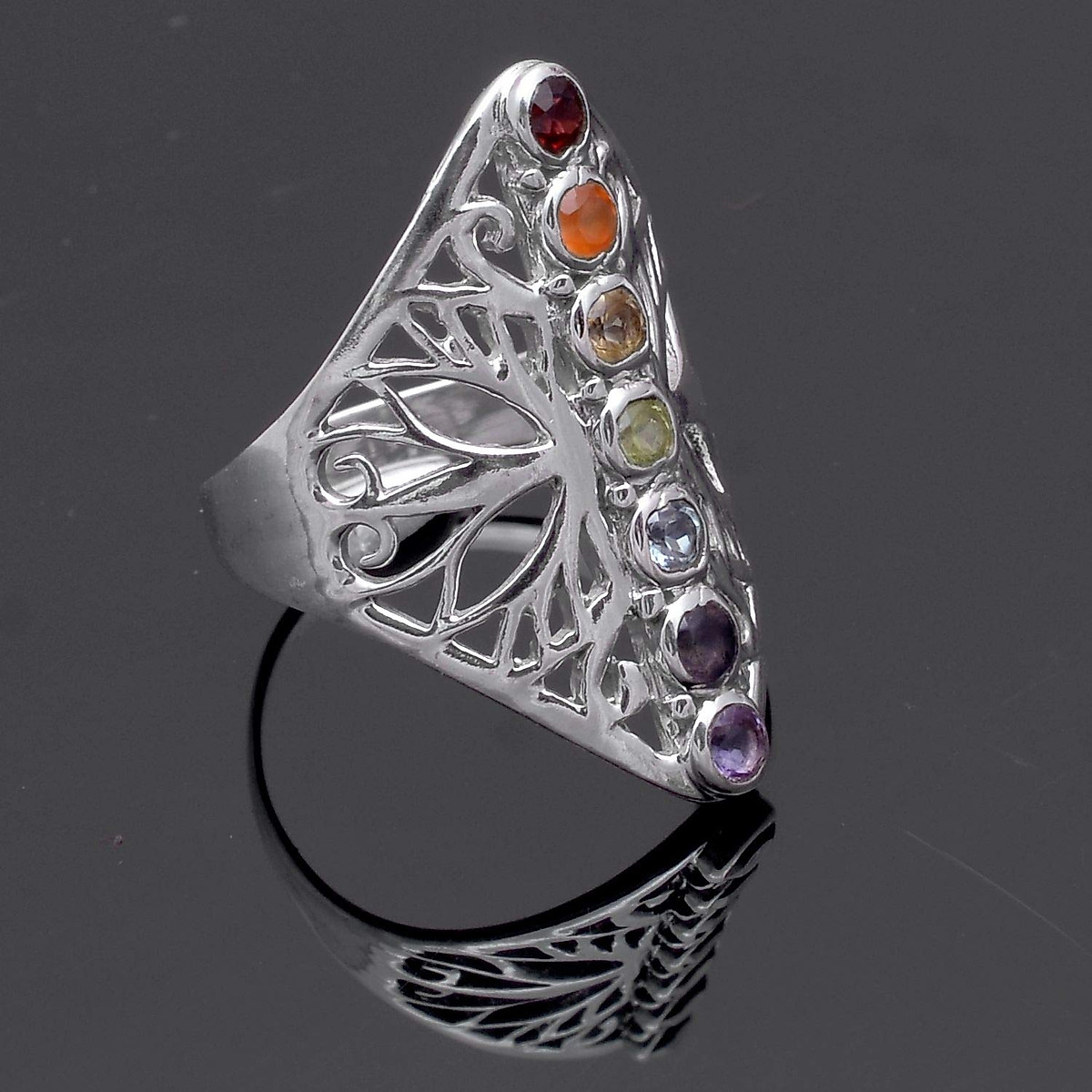 Silver Palace Healing Chakra Gemstone 925 Sterling Silver Long Finger Ring For Women Ring Size 5 to 12