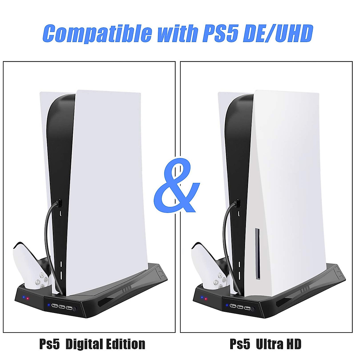 PS5 Controller Charger Vertical Charging Stand for Playstation 5, Dual Cooling Fan Charging Station Dock with 3 USB Ports for Dual Controllers ( Indicator Included)