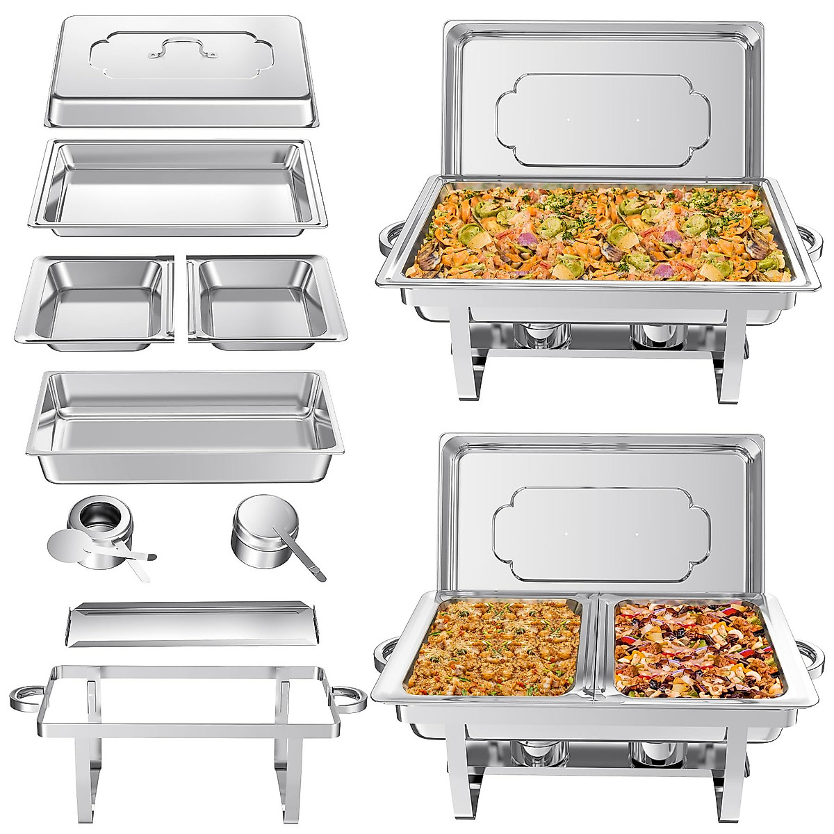 Lifezcime 2 Pack Chafing Dishes Buffet Set, 8QT Stainless Steel Chafers with Foldable Frame, Catering Food Warmers with Full Size & Half Size Pans for Weddings, Party, Banquet