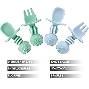 PandaEar 4 Pack Silicone Baby Spoons and Fork Feeding Set- Anti-Choke First Self Feeding Utensils for Baby Led Weaning Ages 3 Months (Cyan+Blue)