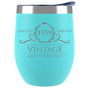 65th Birthday Gifts for Women, Vintage 1959 Stemless Wine Tumblers for Women, 65 Year Old Gifts Ideas, Wife, Mom, Friends, Sister, Turning 65 and Fabulous Birthday Gifts Wine Tumbler, 12oz Mint