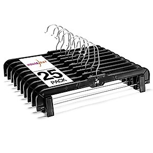 HOUSE DAY 25 Pack Pants Hangers with Clips, 14 inch Skirt Hangers 360-Rotating Swivel Hook, Clip Hangers for Pants,Hangers with Clips, Black Plastic Pants Hangers