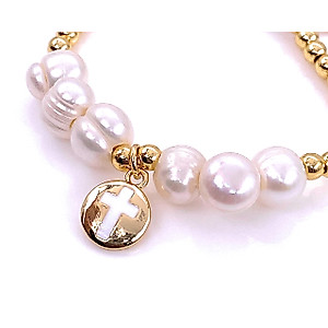 LESLIE BOULES 18K Gold Plated Round Cross Pendant Baroque Bracelet for Women Catholic Jewelry