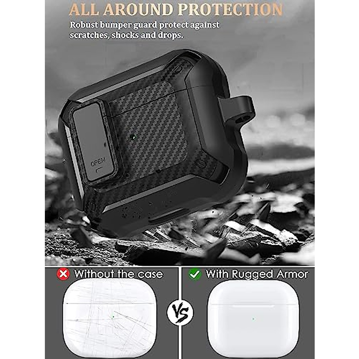 Olytop for Airpods 3rd Generation Case with Lock & Cleaner Tool, Armor Rugged Shell AirPod Gen 3 Protective Cover for Apple iPod 3rd Generation 2021 Skin with Keychain, Black