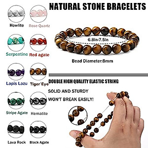 SAILIMUE 10/12Pcs Gorgeous Semi-Precious Gemstones Bracelets for Women Men 8mm/6mm Natural Stone Beaded Bracelets Tiger Eye Lava Rock Healing Crystal Stretch bead bracelet Unisex
